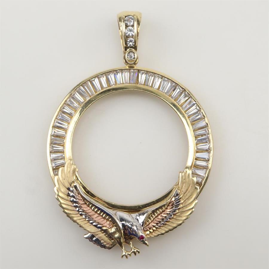 14kt Tri Colored Gold Cubic Zirconia And Ruby Eagle Coin Holder Pendant | Property Room