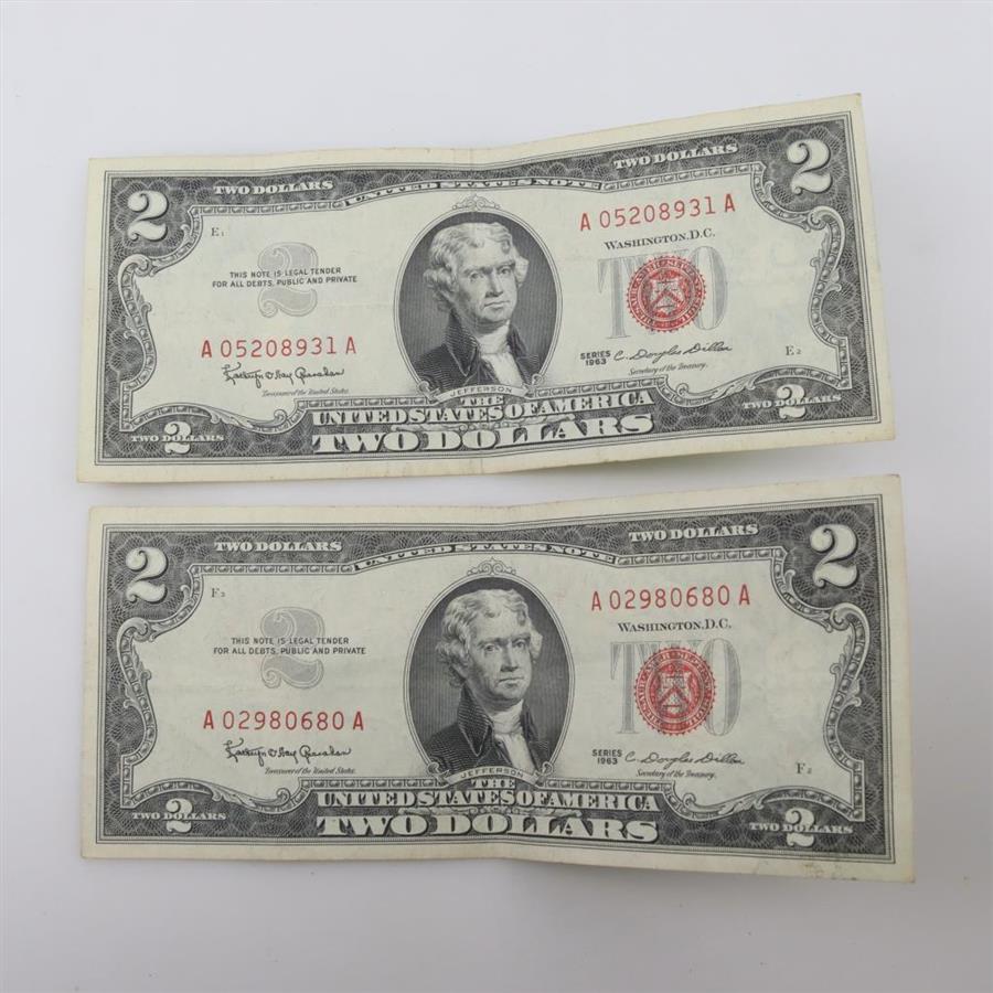 1963 Two Dollars US Note Red Seal, 2 Pieces | Property Room