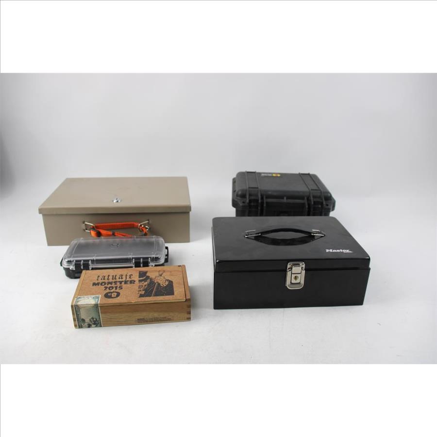 2 Lock Boxes With Keys 1 Wooden Box 1 Small Pelican Case 1 Plastic Case ...