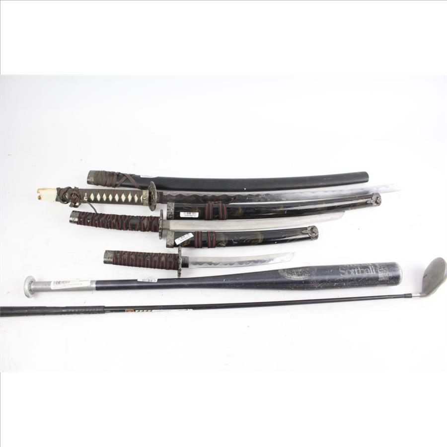 Golf Club, Baseball Bat, And Swords. 5 Pieces | Property Room