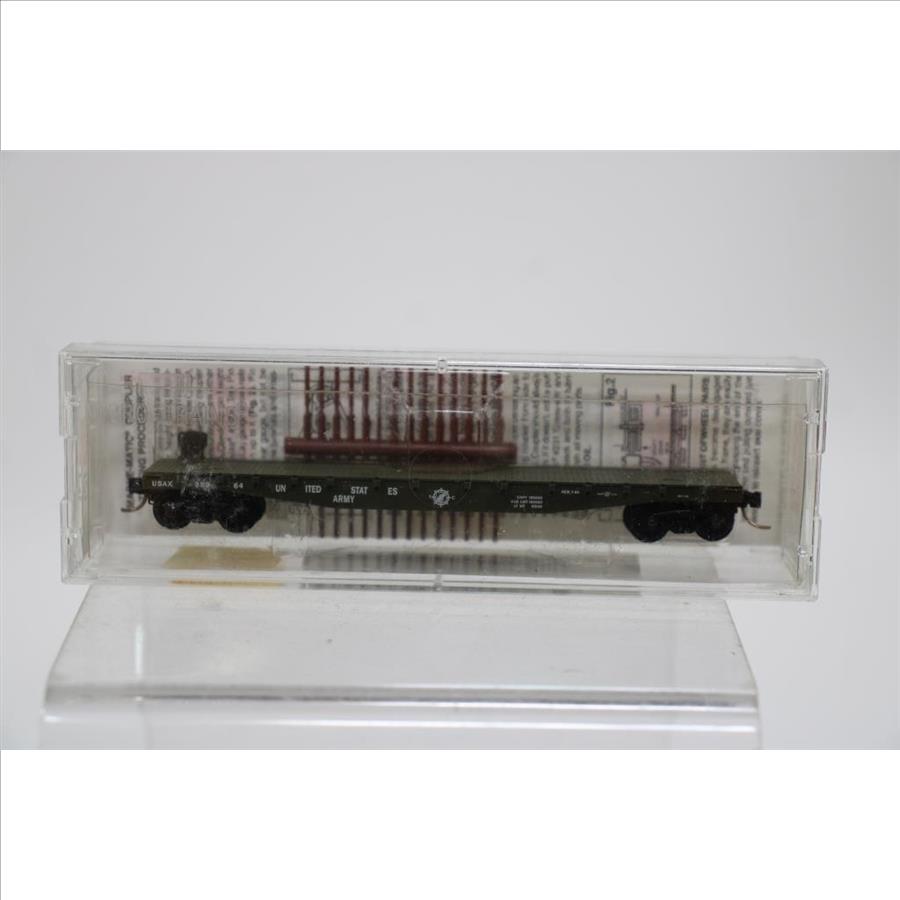 Micro-Trains Line 50' Flat Car Fishbelly Side With Side Mount Brake Wheel US Army | Property Room