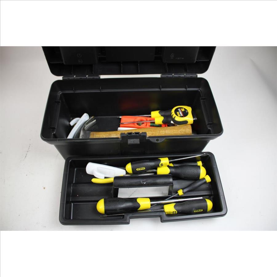 Mixed Tool Lot In Stanley Tool Box - Tape Measure, Lighted Bit Driver ...