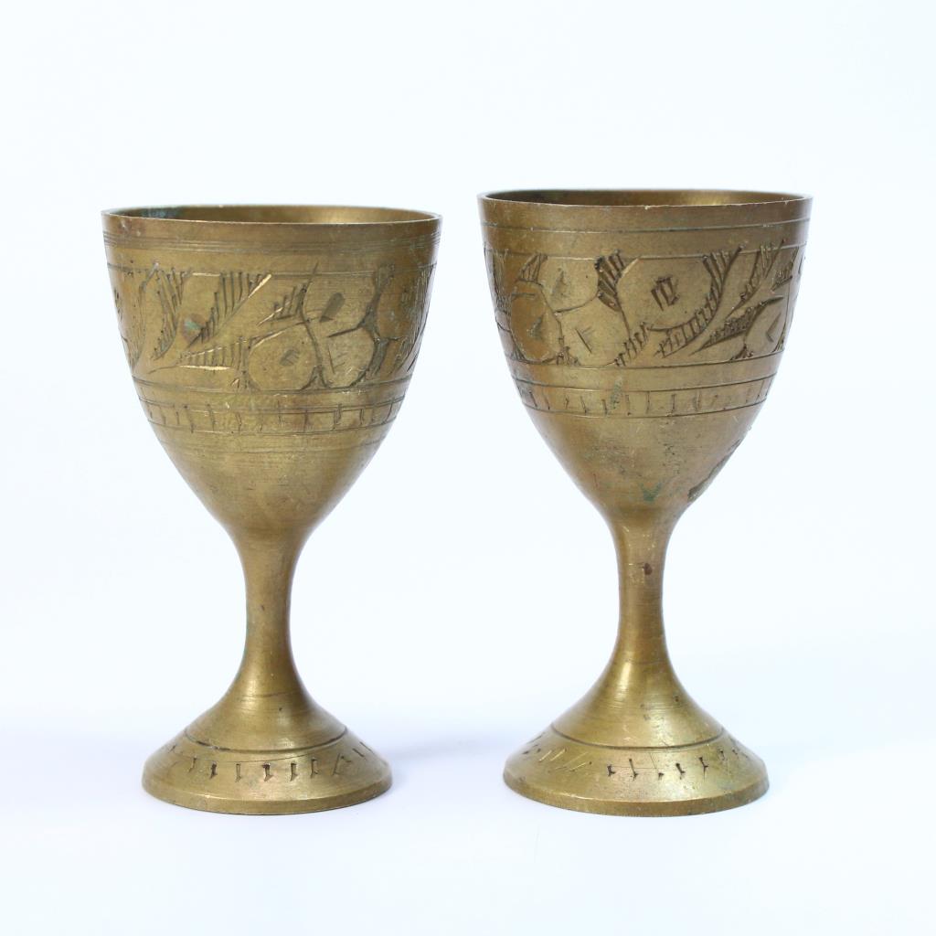 2 Etched Ornate Brass Colored Goblets | Property Room