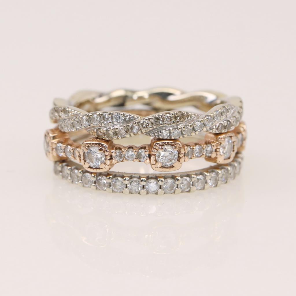 0.88ctTW Diamond 14kt -18kt Tri-Colored Gold Stack Rings Evaluated by ...
