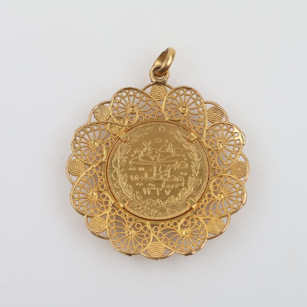 0.917 Gold Foreign Coin In 21kt Gold Filigree Pendant | Property Room