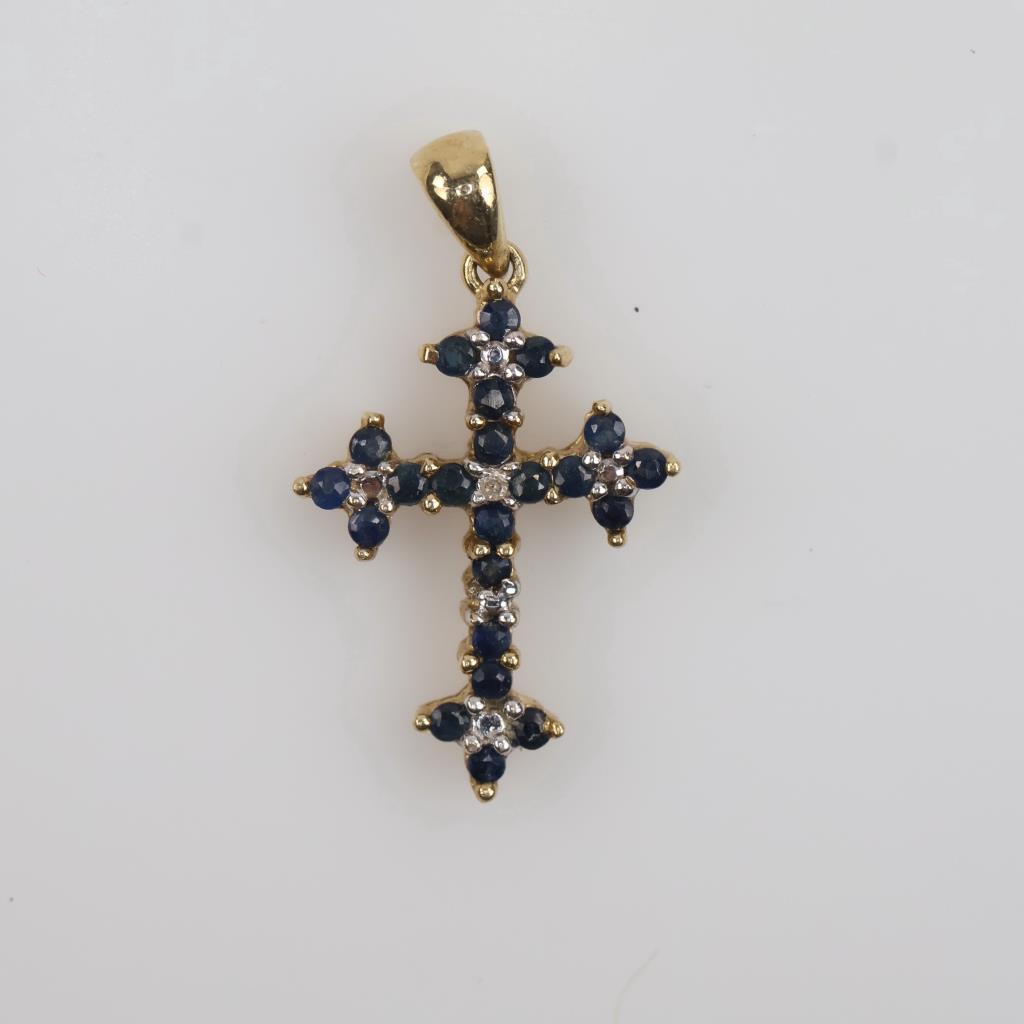10kt Gold Clear And Blue Stone Cross Pendant | Property Room