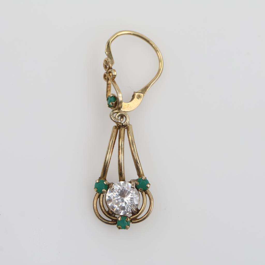 10kt Gold Clear Stone Green Stone Dangle Single Earring | Property Room