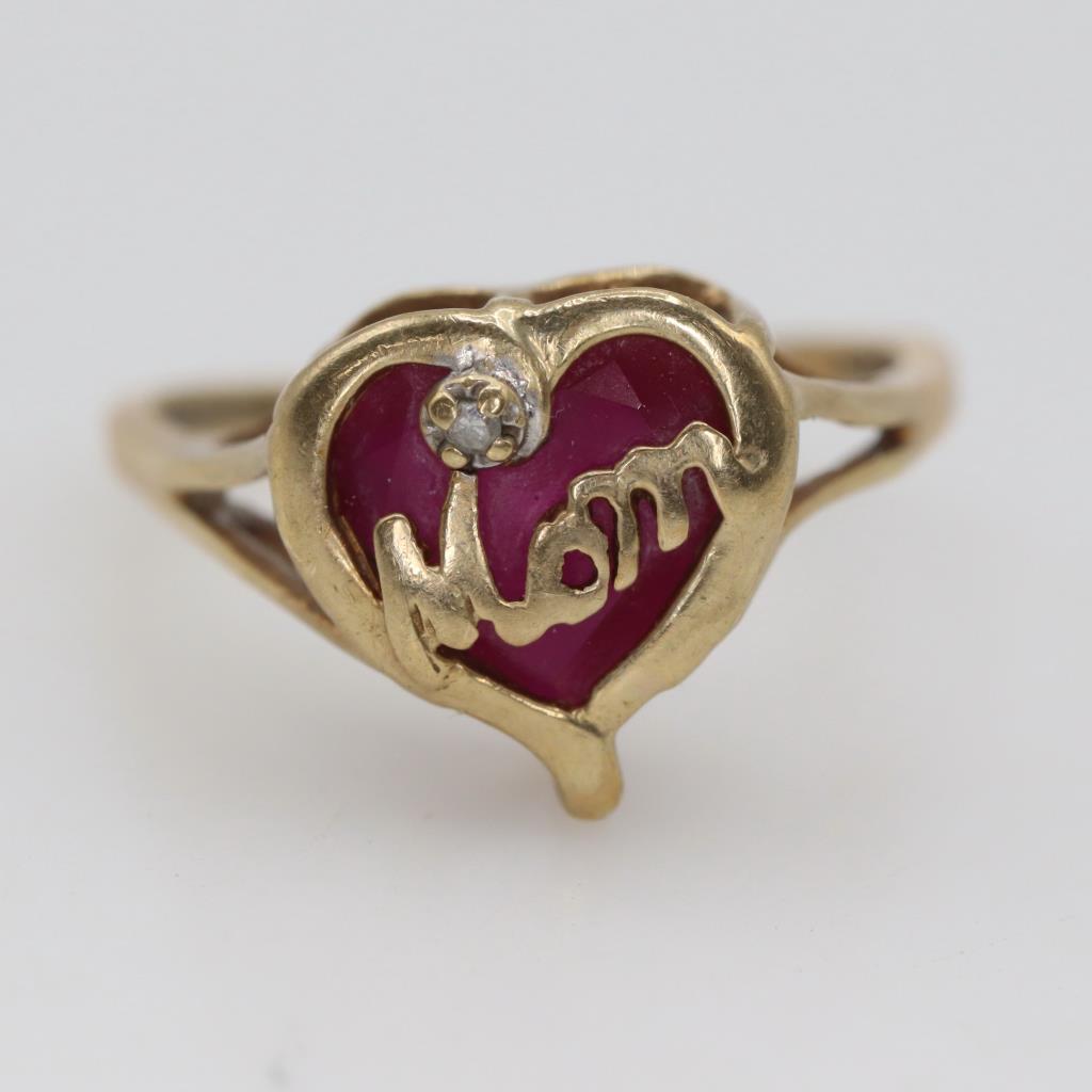 10kt Gold Diamond Red Stone "Mom" Ring | Property Room