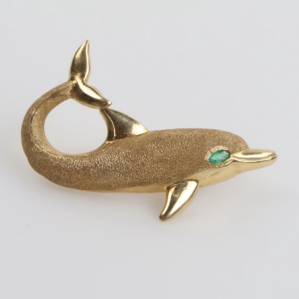 10kt Gold Dolphin Green Stone Accent Pendant | Property Room