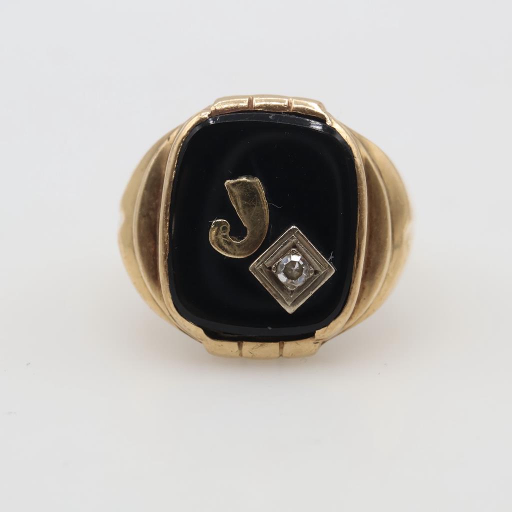 10kt GP Two-tone Black Stone Diamond Letter J Ring | Property Room