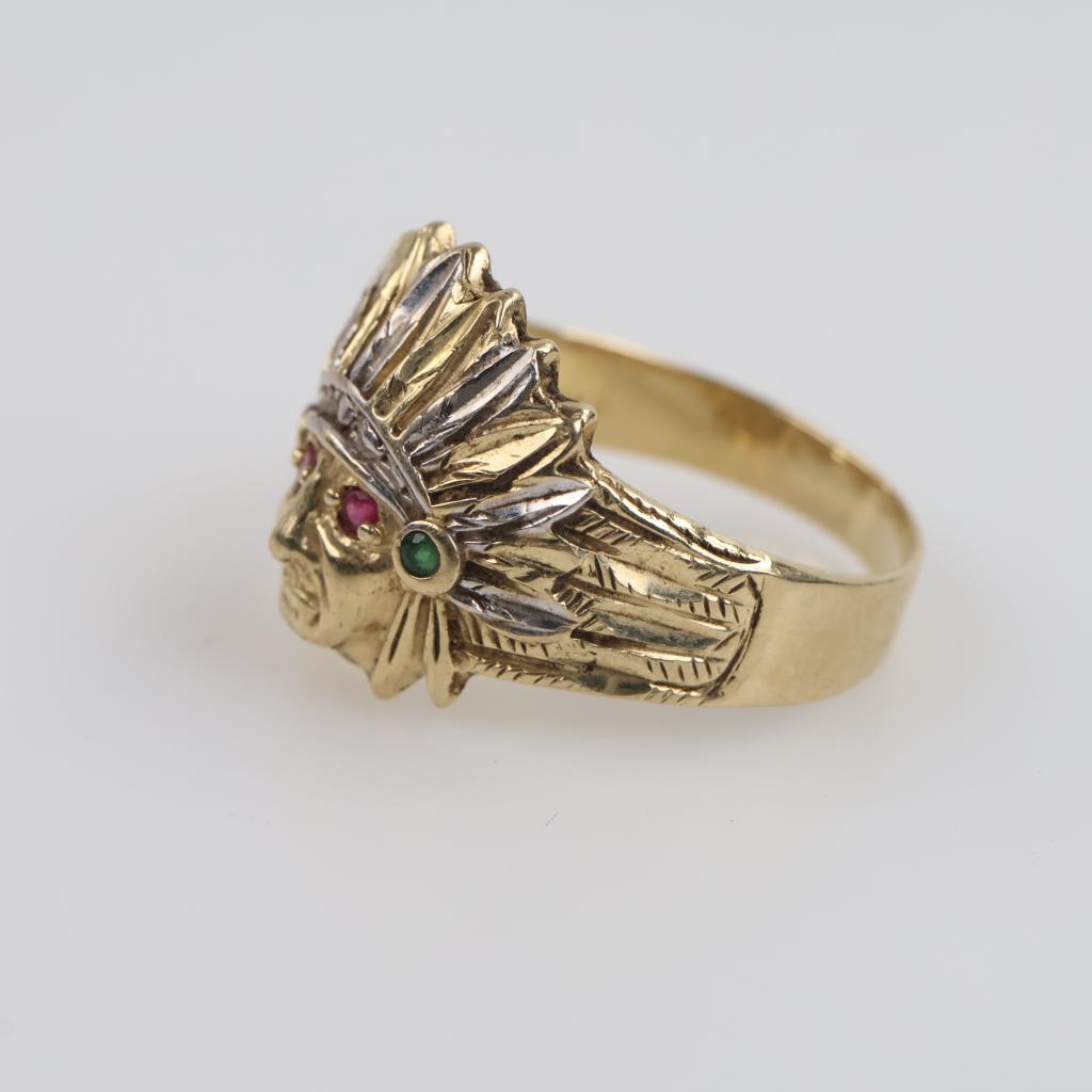 10kt Two Tone Gold Green And Red Stone Indian Head Ring | Property Room
