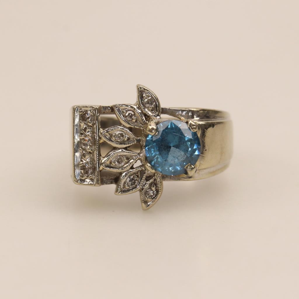 10kt White Gold Blue Stone Diamond Accent Ring | Property Room