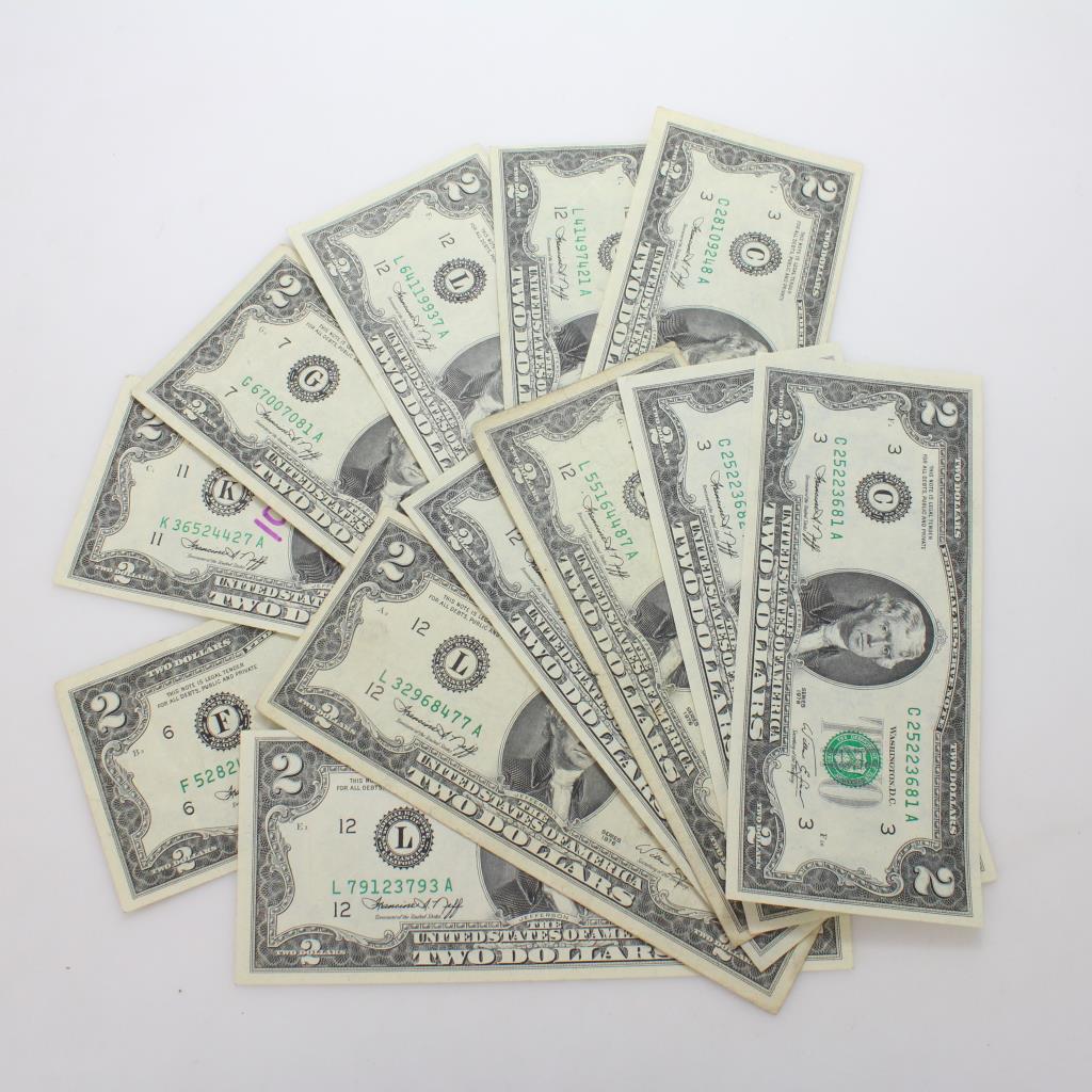 12 $2 Green Seal Notes, Includes 2 Notes With Sequential Serial Numbers ...