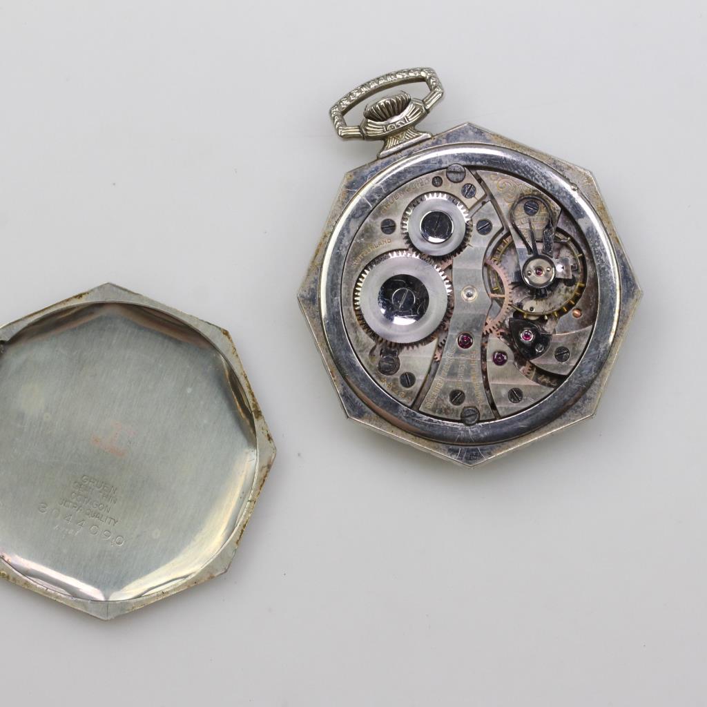 14k White GF Gruen Art Deco Semithin Octagon Pocket Watch | Property Room