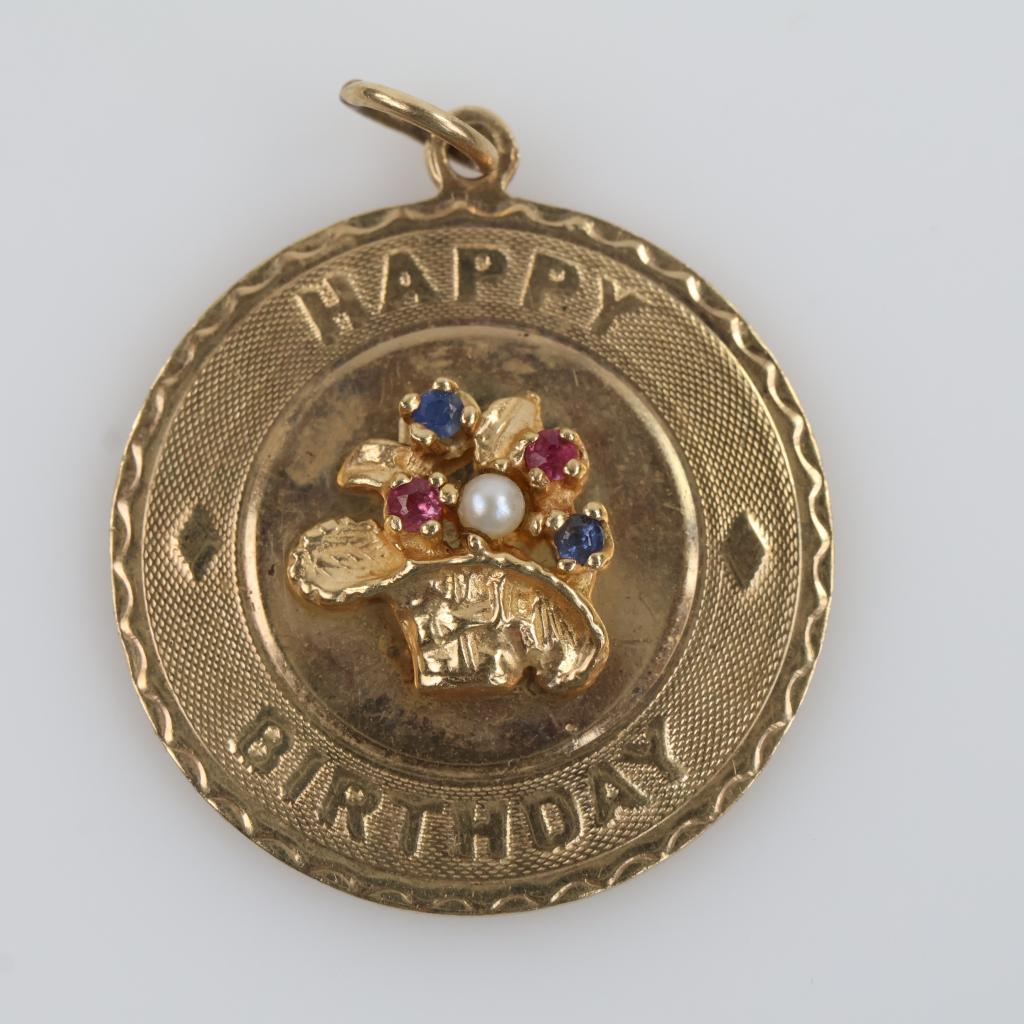 14kt Gold Basket Of Flowers Happy Birthday Multicolored Stone Pendant ...