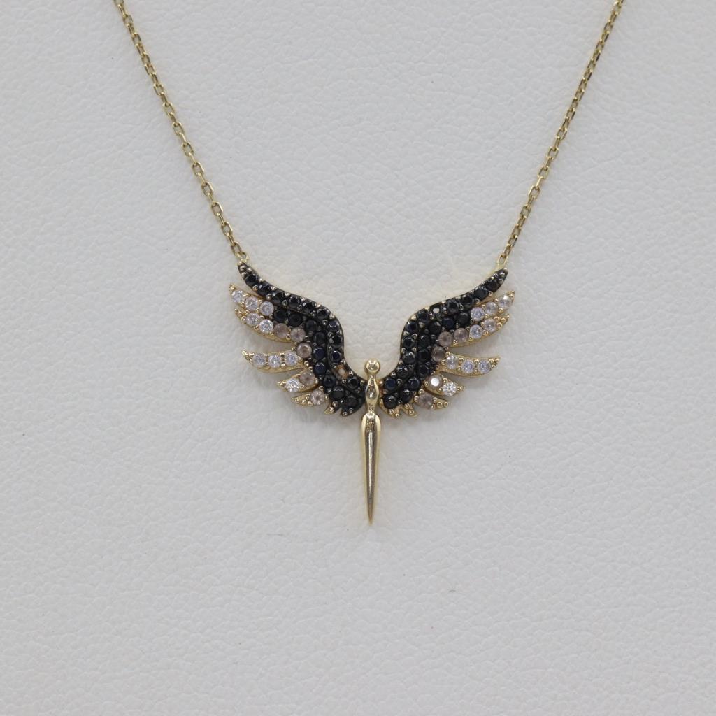 14kt Gold Black And Clear Stone Winged Pendant Necklace | Property Room