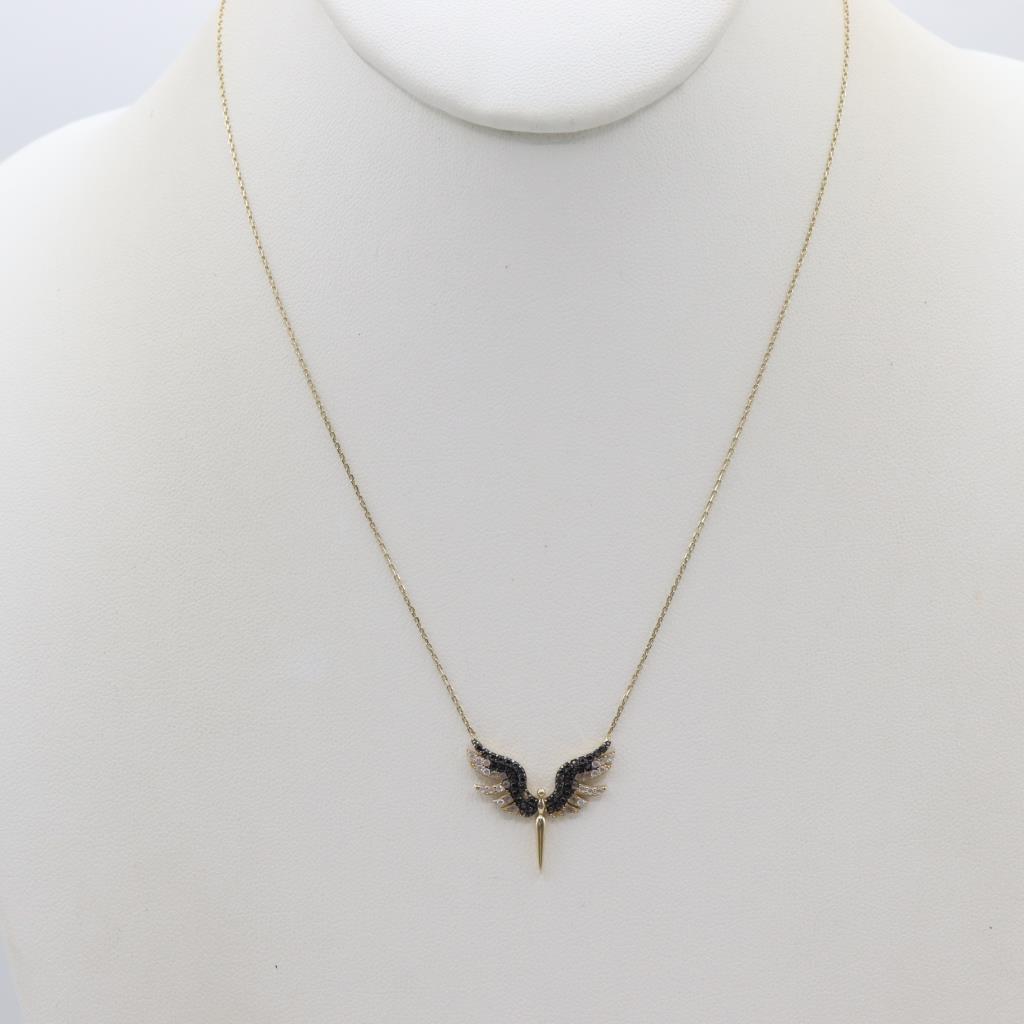 14kt Gold Black And Clear Stone Winged Pendant Necklace | Property Room