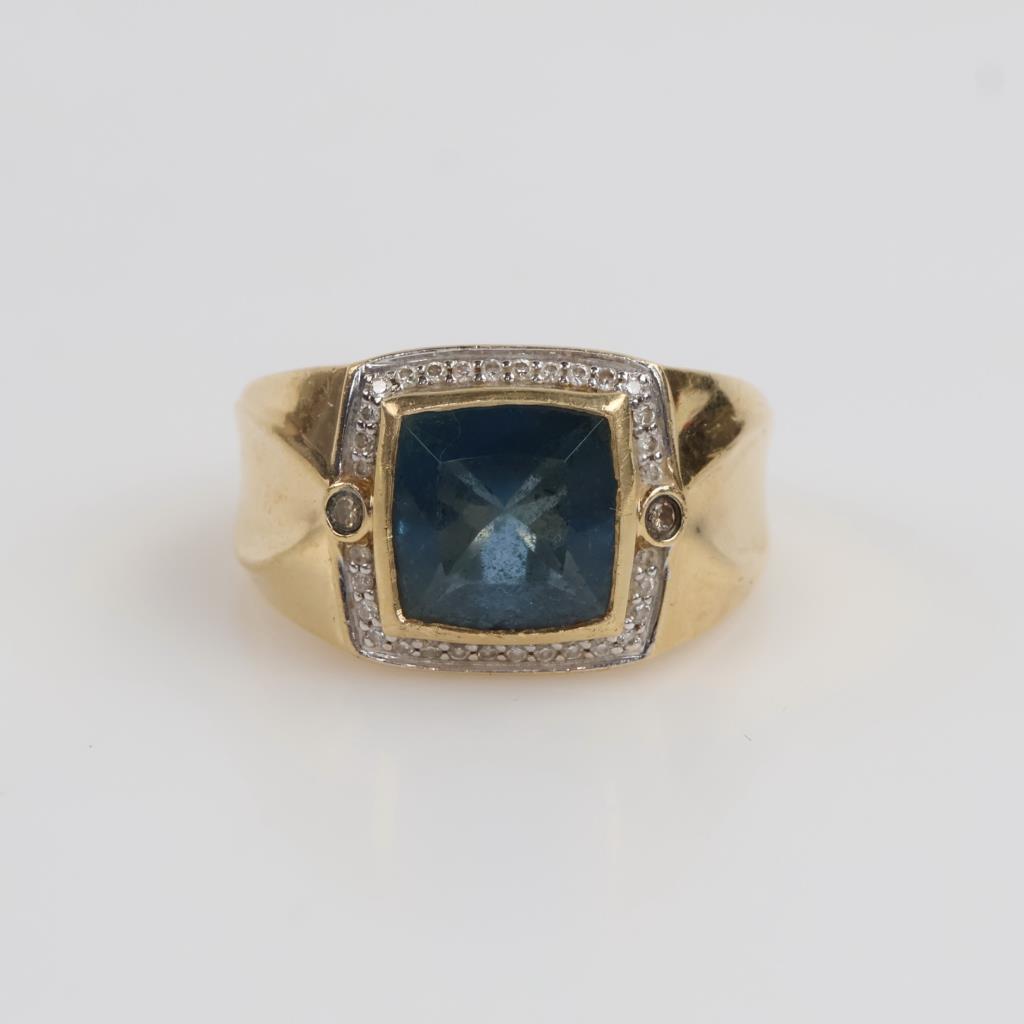 14kt Gold Blue Topaz Diamond Accent Signet Ring | Property Room