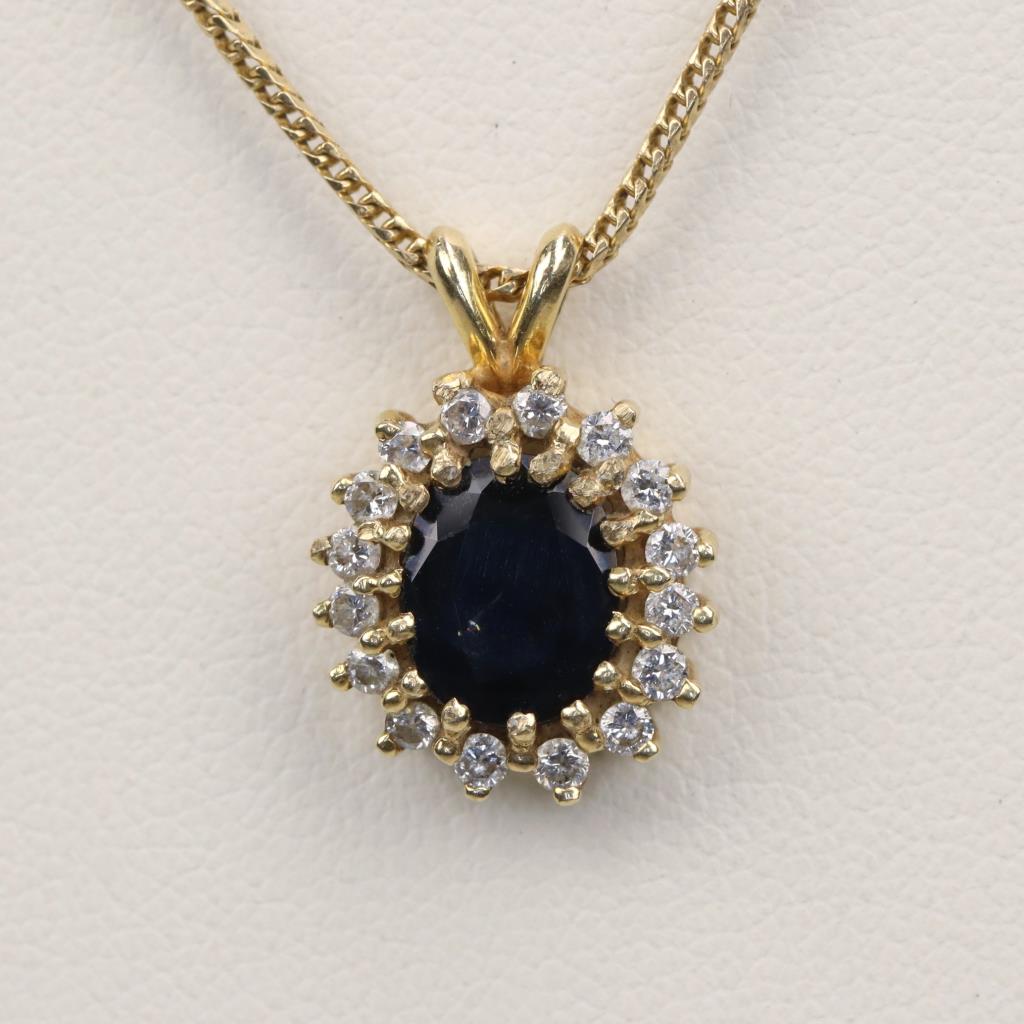 14kt Gold Box Chain Diamond Sapphire Pendant Necklace | Property Room