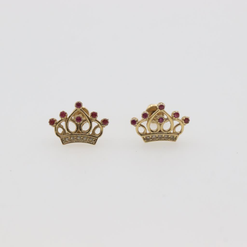 14kt Gold Clear And Pink Stone Crown Stud Earrings | Property Room