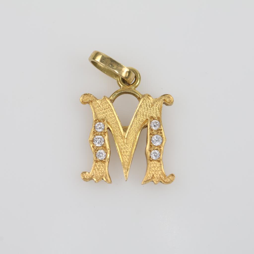 14kt Gold Clear Stone Letter M Pendant | Property Room