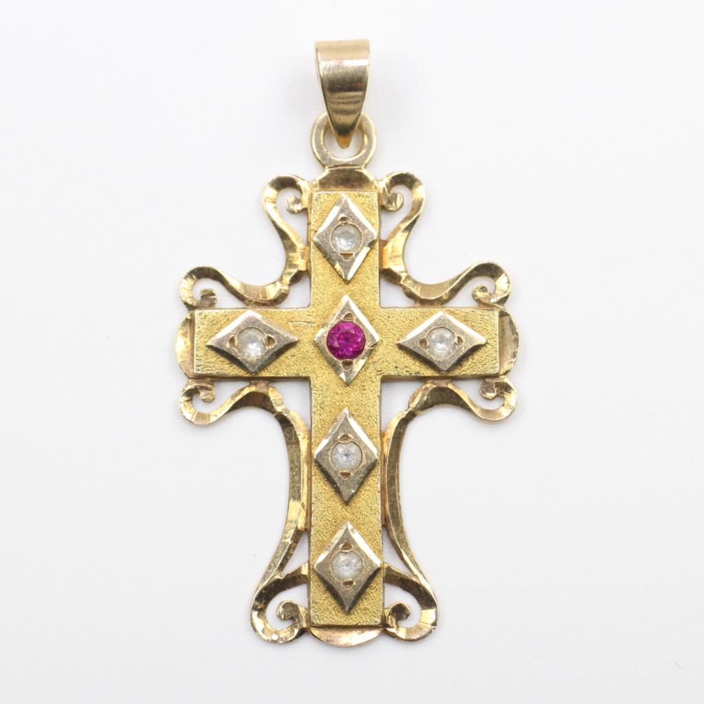 14kt Gold Cross Red And Clear Stones Pendant | Property Room