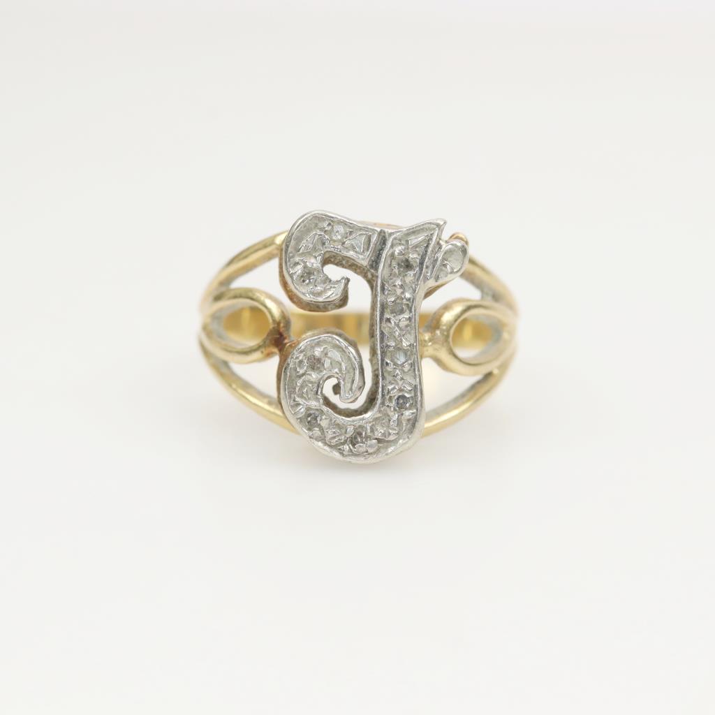 14kt Gold Diamond J Ring | Property Room
