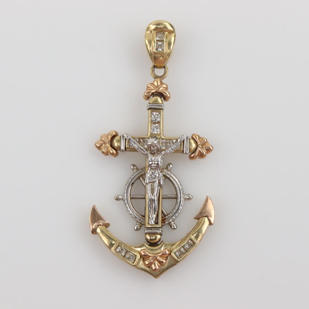14kt Gold Tri-color Clear Stone Religious Anchor Pendant | Property Room