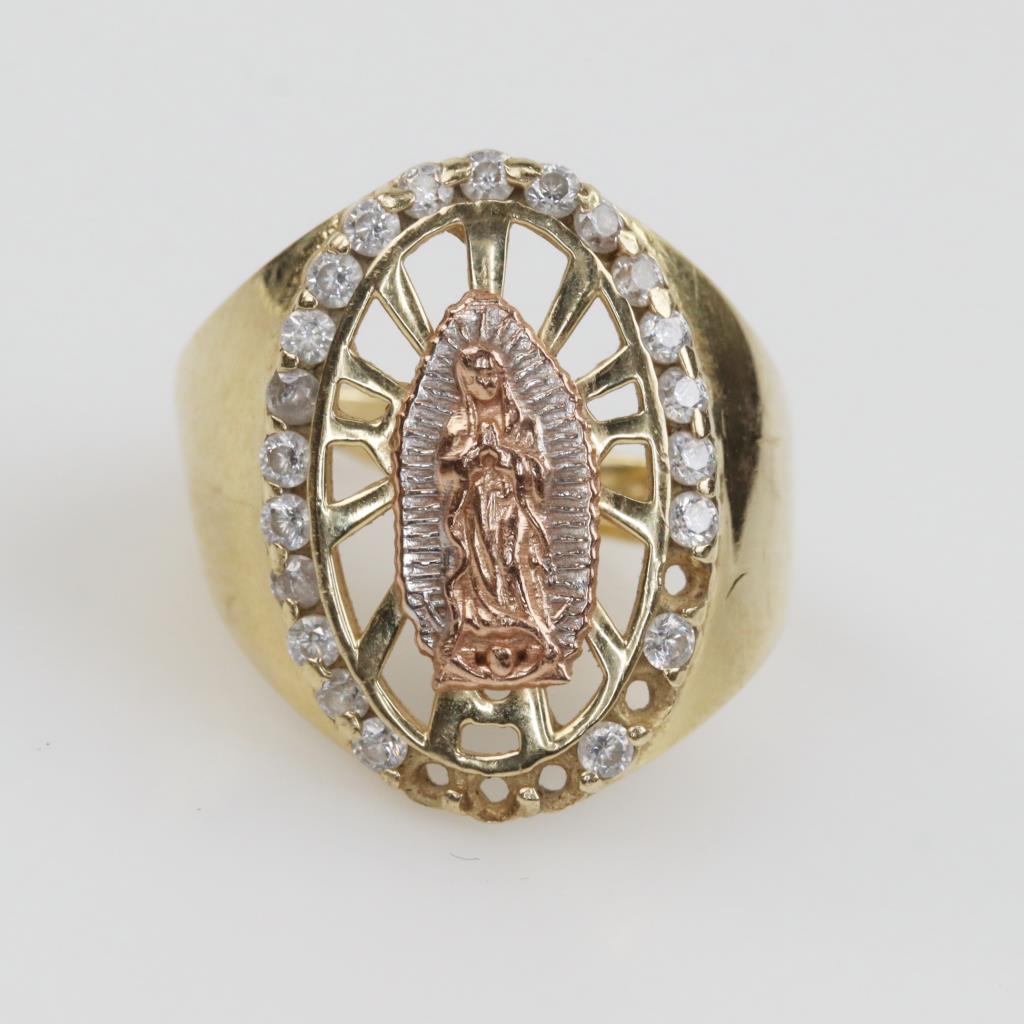 14kt Gold Tri-color Clear Stone Religious Ring | Property Room