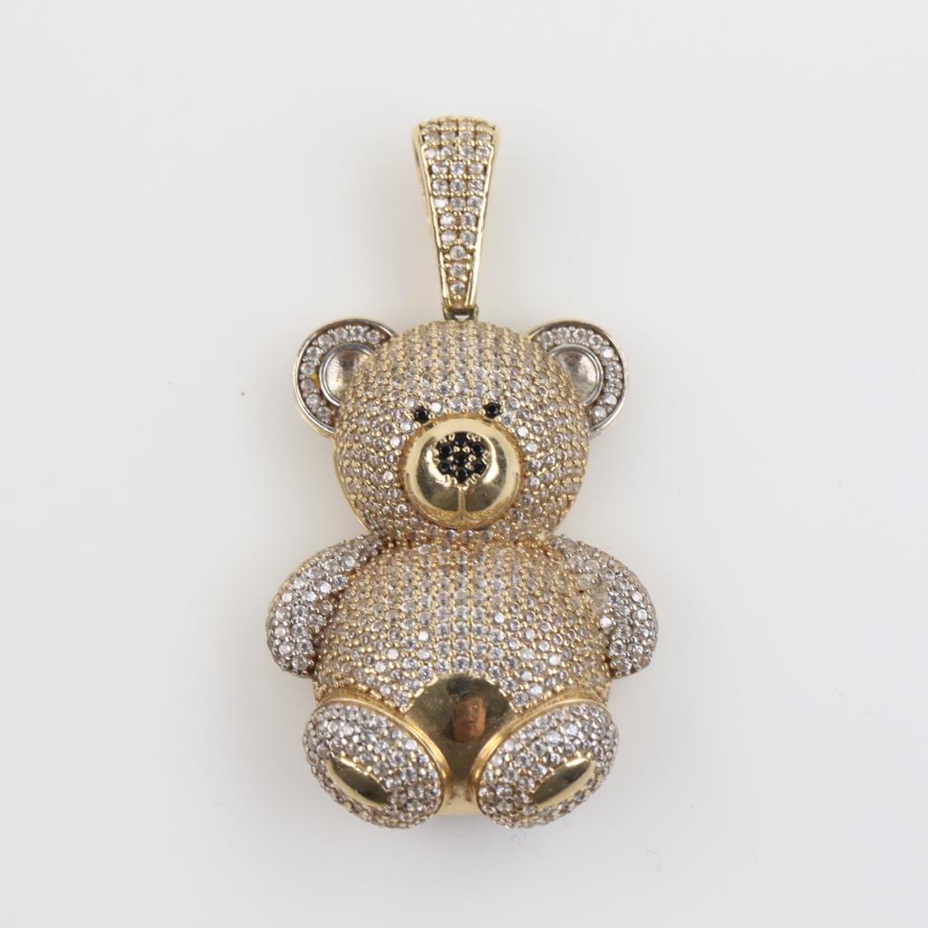 14kt Gold Two-tone Clear And Black Stone Teddy Bear Pendant | Property Room