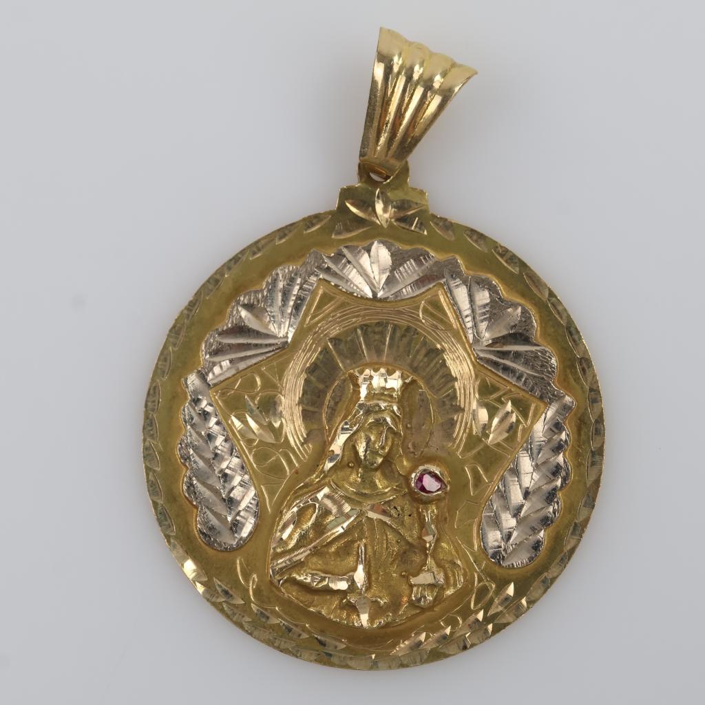 14kt Gold Two-tone Pink Stone Religious Pendant | Property Room