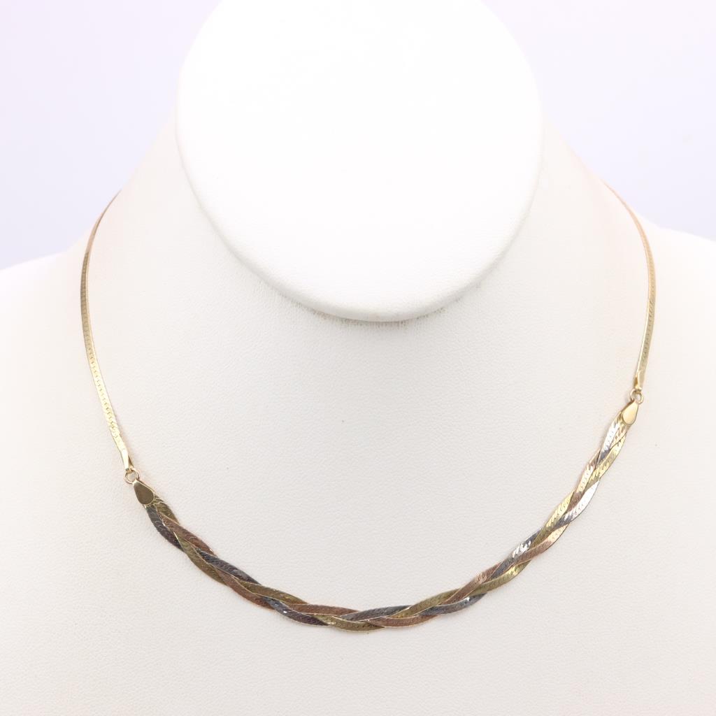 14kt Tri Color Gold Braided Herringbone Link Necklace | Property Room