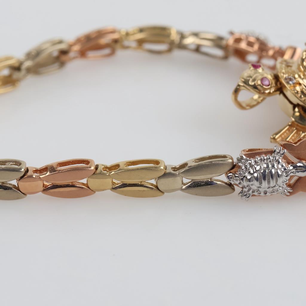 14kt Tri-Color Gold Turtle Pink Rubies And CZ Bracelet | Property Room
