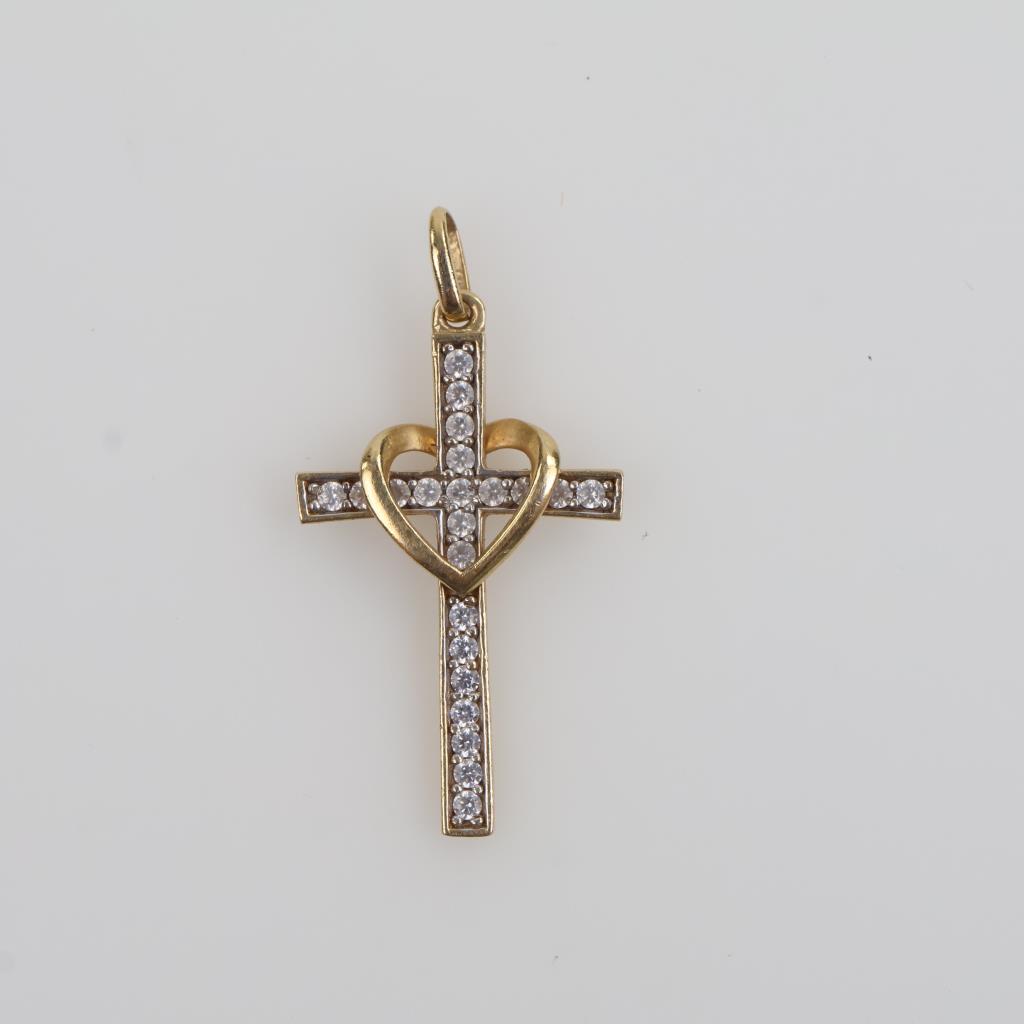 14kt Two Tone Gold Clear Stone Cross Pendant | Property Room