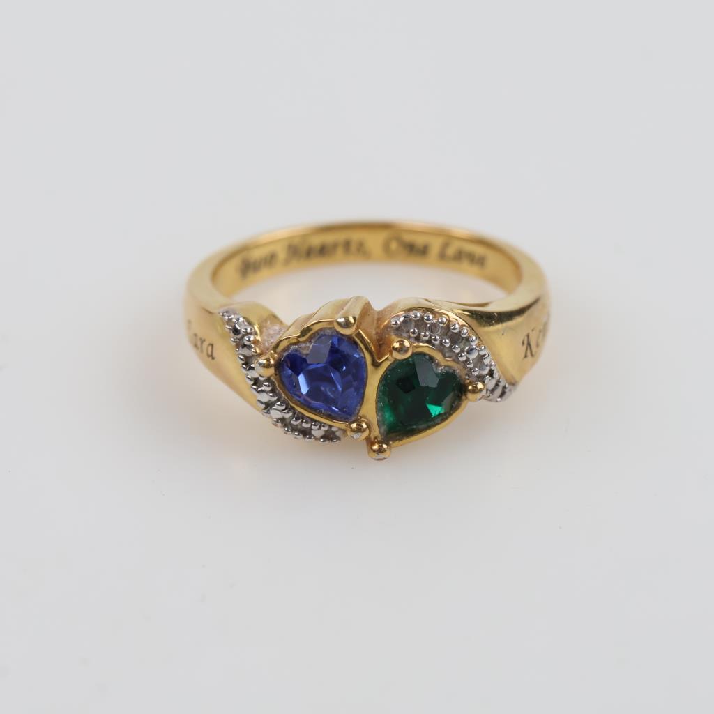 14kt Two Tone GP Blue And Green Stone Diamond Accent Couples Ring ...