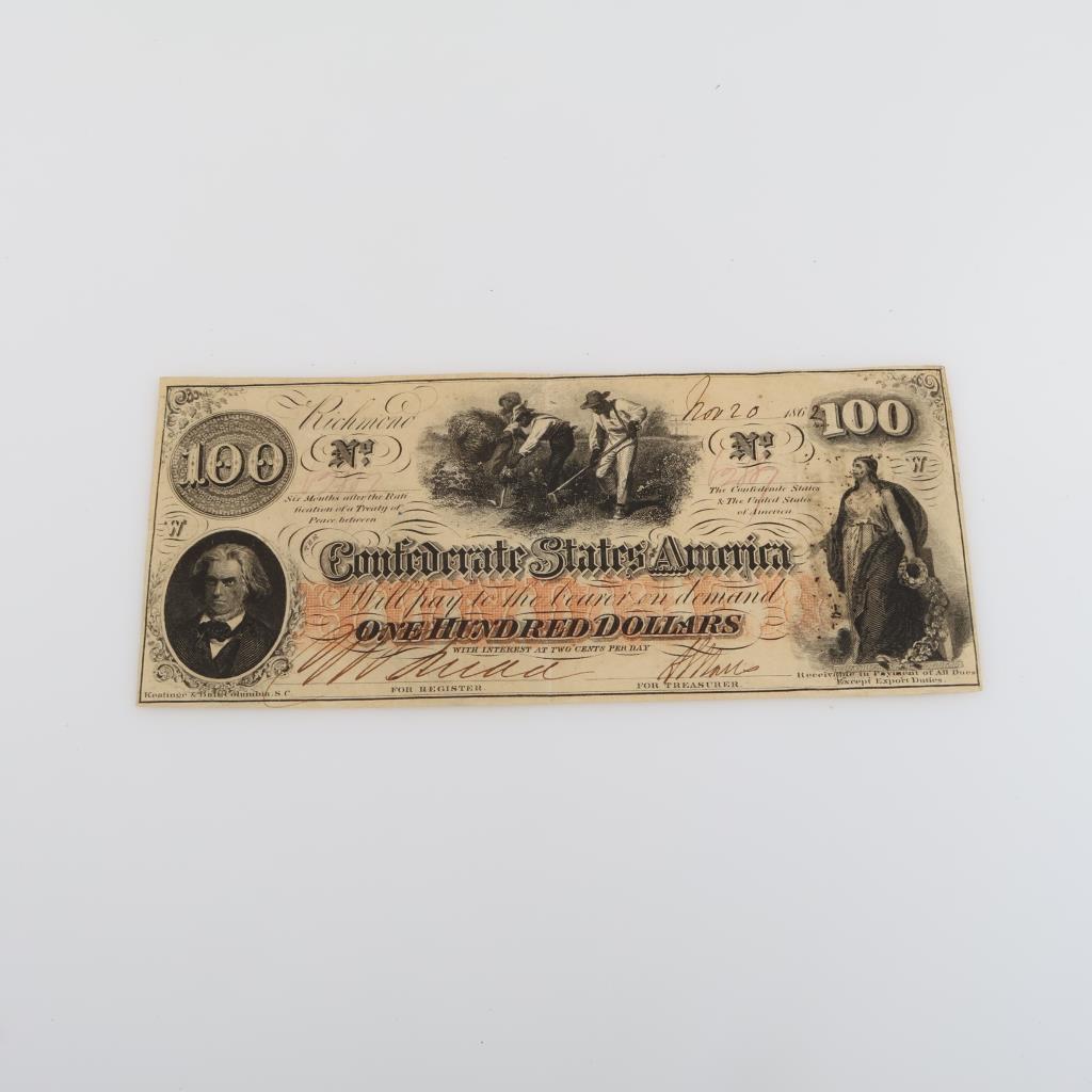 1862 Confederate States Of America, Richmond 100 Dollar Bill | Property ...