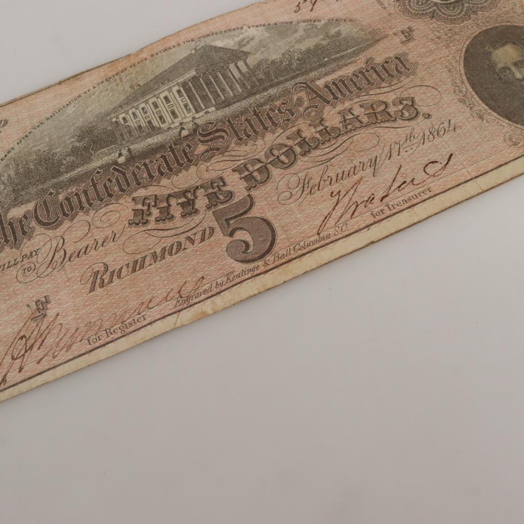 1864 The Confederate States Of America 5 Dollar Note | Property Room
