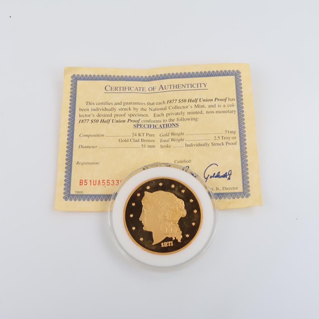 1877 $50 Half Union Proof Tribute Coin/ With COA | Property Room
