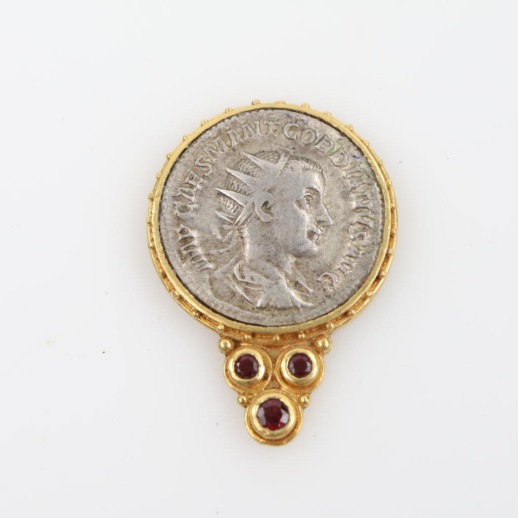 18kt Gold Ruby Coin Holder With Ancient Silver Coin | Property Room