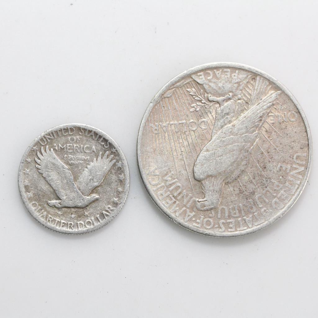 1922 Silver Peace Dollar And 1930 Silver Standing Liberty Quarter ...