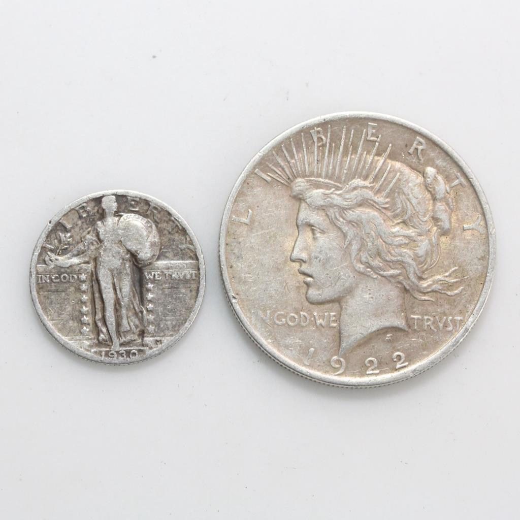 1922 Silver Peace Dollar And 1930 Silver Standing Liberty Quarter ...