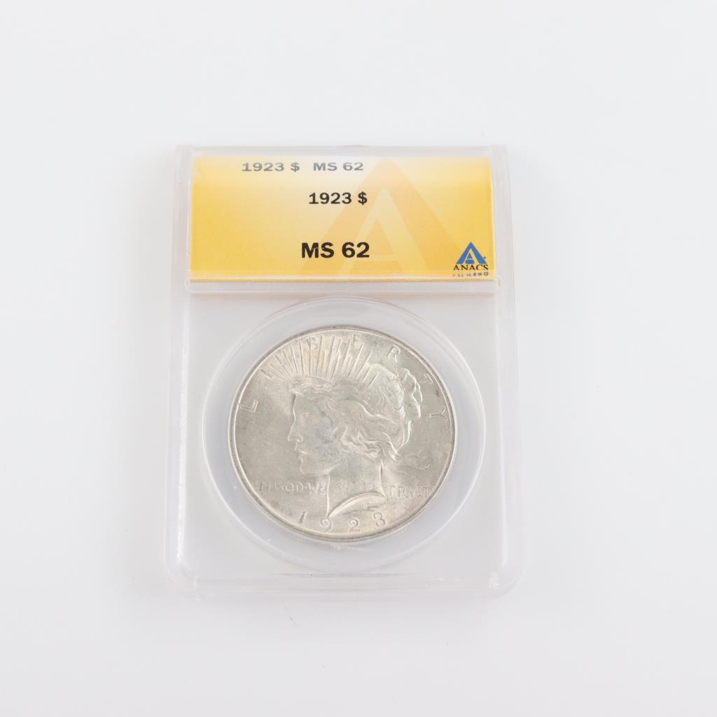 1923 MS62 Peace Silver Dollar ANACS Graded | Property Room