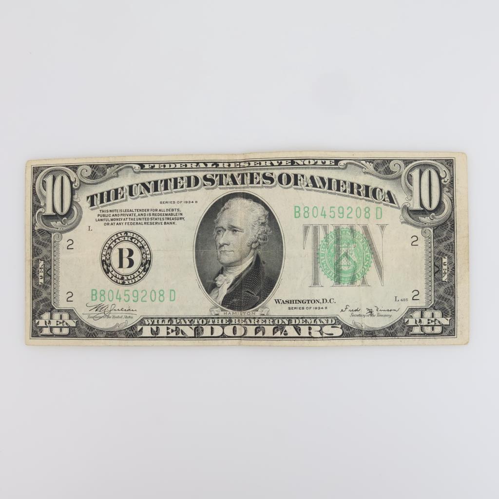 1934 B US Federal Reserve Note $10 Dollar Bill | Property Room