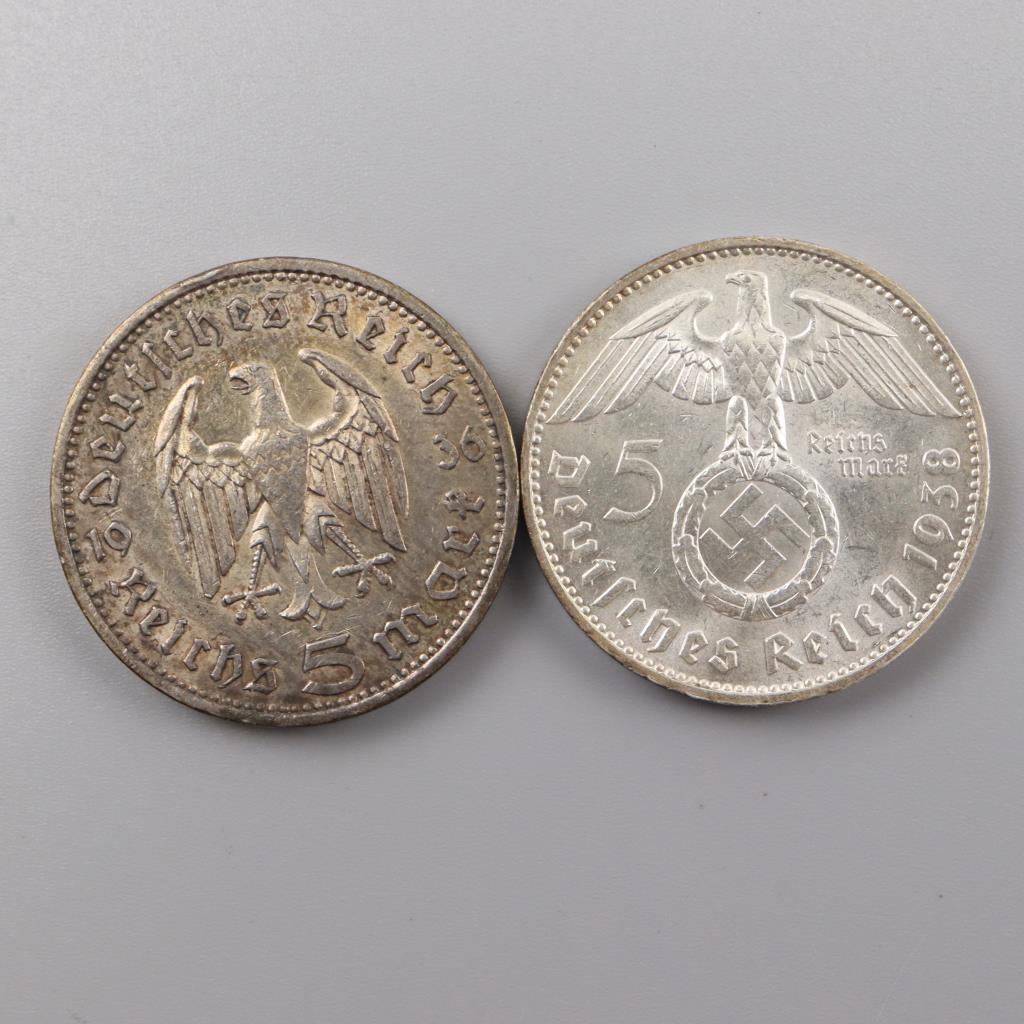 1938-J And 1936-A German Third Reich Silver 5 Reichsmark, 2 Pieces ...