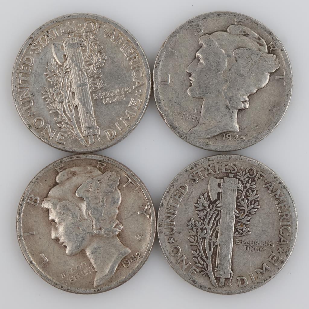 1942 US Silver Mercury Dimes, 4 Coins | Property Room