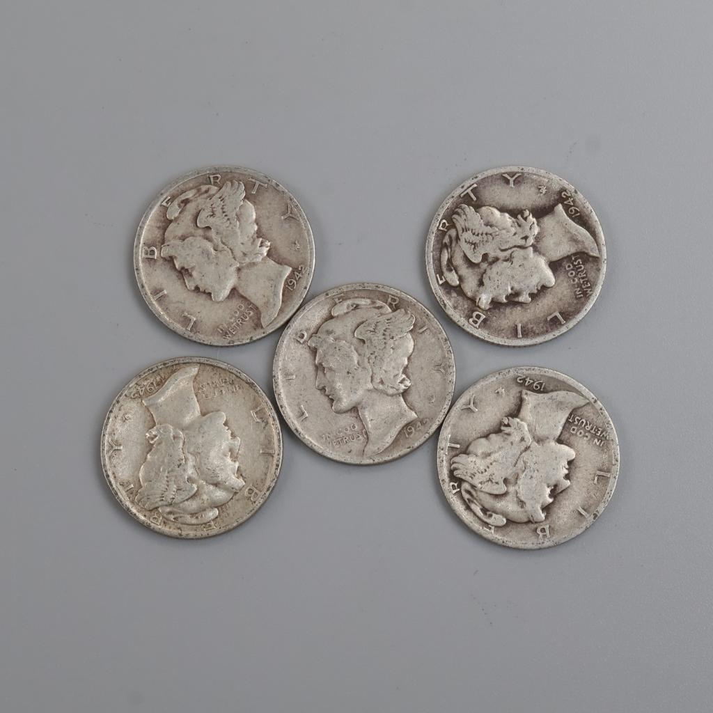 1942 US Silver Mercury Dimes, 5 Coins | Property Room