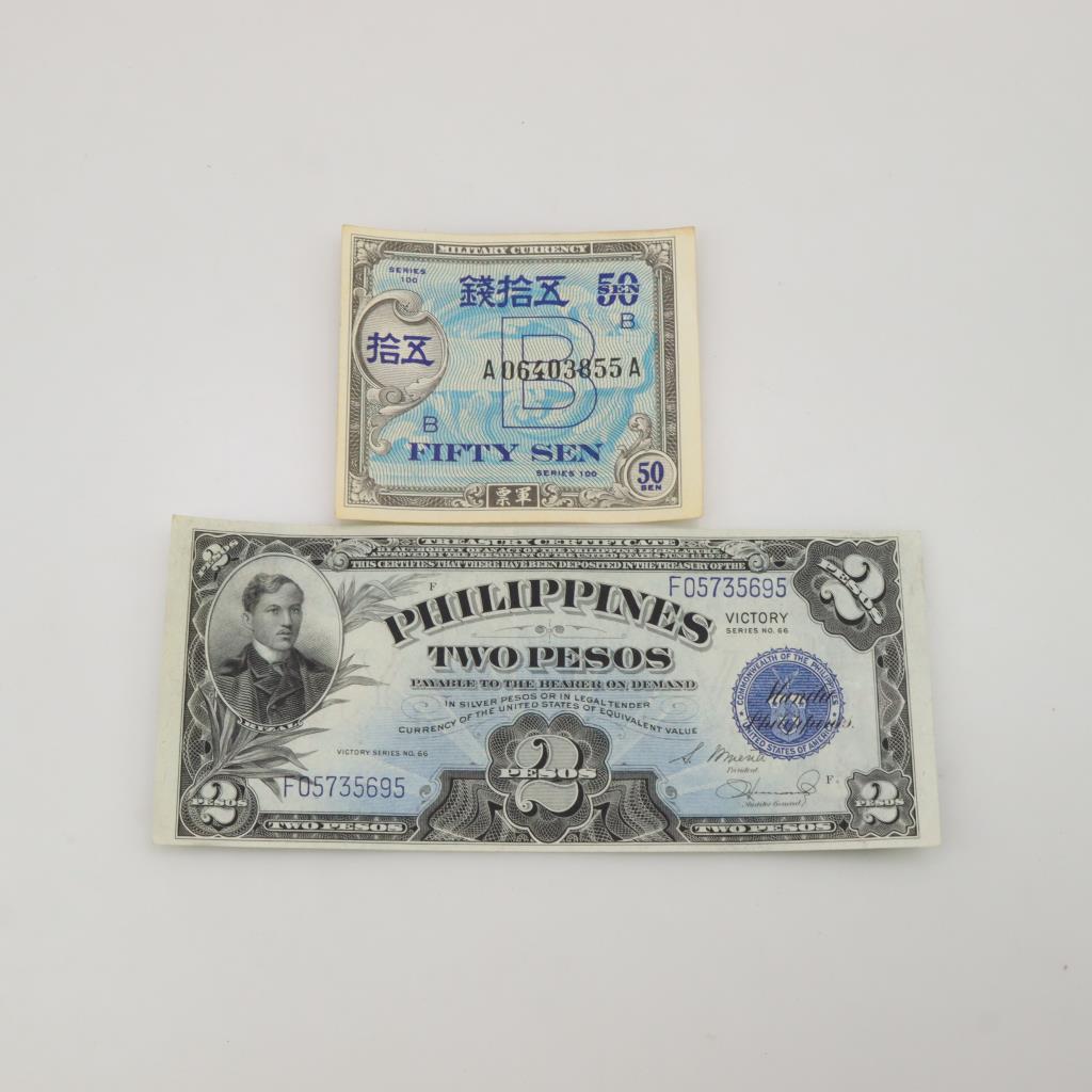 1944 Philippines 2 Pesos Note And WWII US Military 50 Sen Note ...