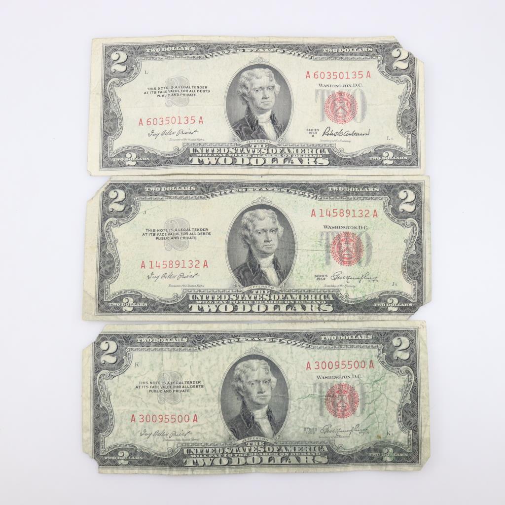 1953-A And 1953 US Note Red Seal 2 Dollar Bill, 3 Pieces | Property Room