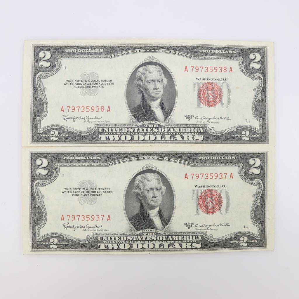 1953-C US Note Red Seal $2 Dollar Bill, 2 Pieces | Property Room
