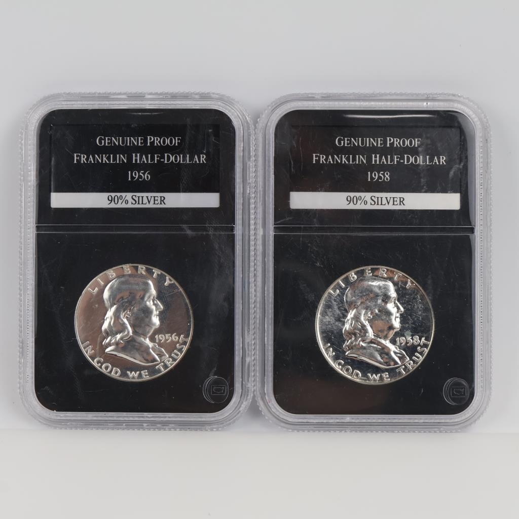 1956, 1958 US Franklin Silver Proof Half Dollar, 2 Pieces | Property Room
